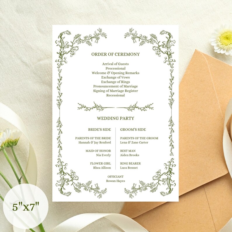 Botanical Wedding Program Template, Editable Ceremony Program, Greenery ...