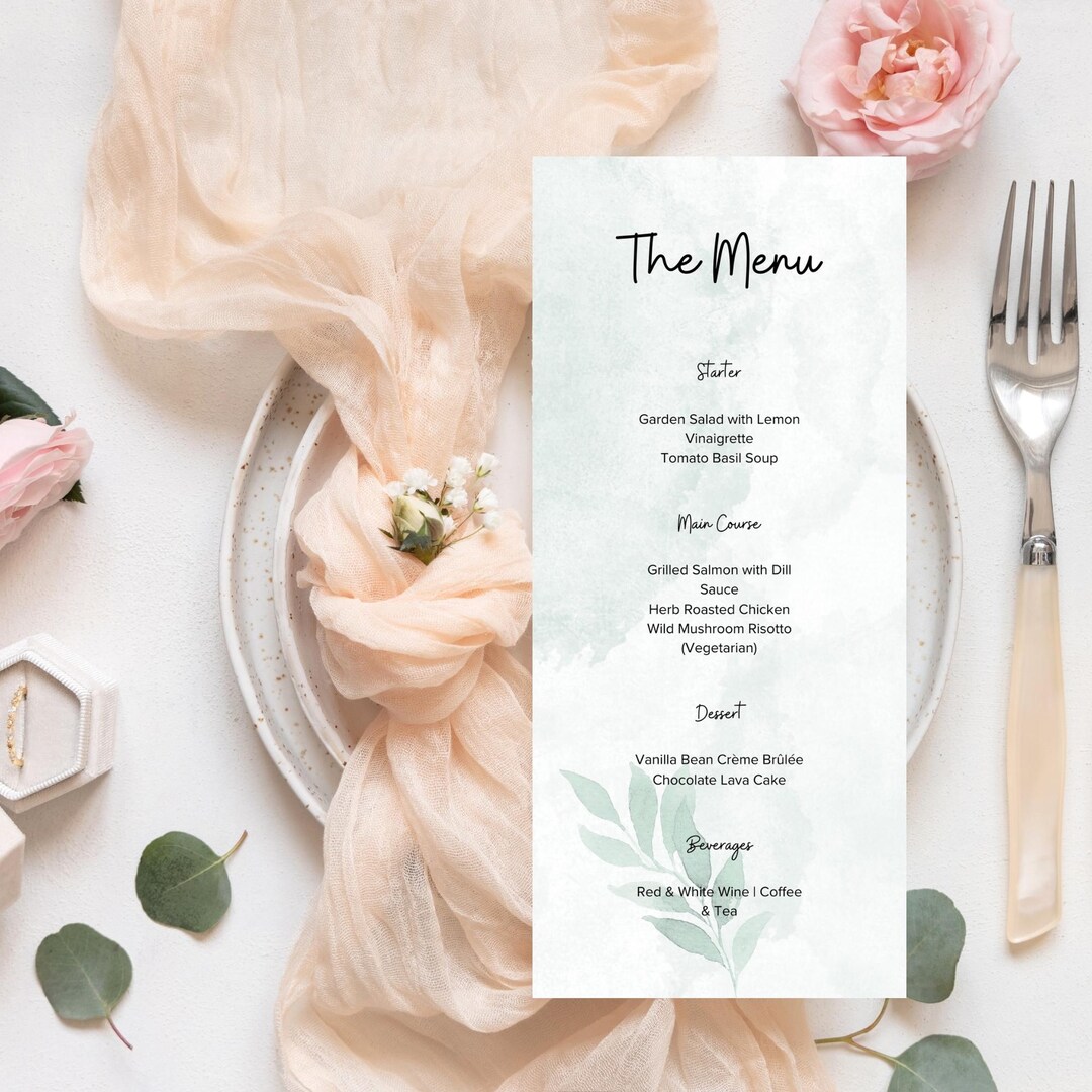 Watercolor Floral Wedding Menu Template, Editable 4x9 Dinner Menu Card ...