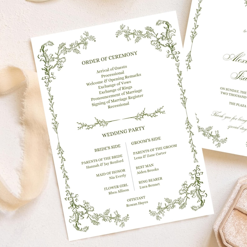 Botanical Wedding Program Template, Editable Ceremony Program, Greenery ...