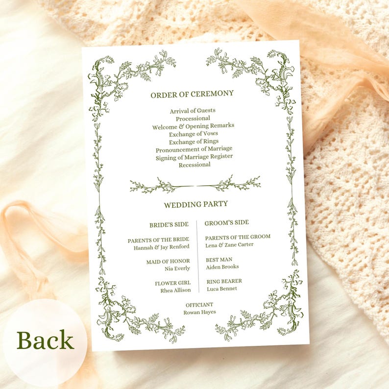 Botanical Wedding Program Template, Editable Ceremony Program, Greenery ...