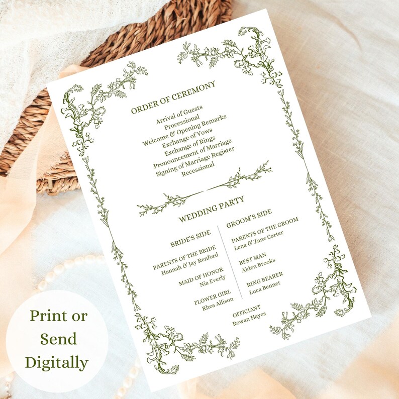 Botanical Wedding Program Template, Editable Ceremony Program, Greenery ...