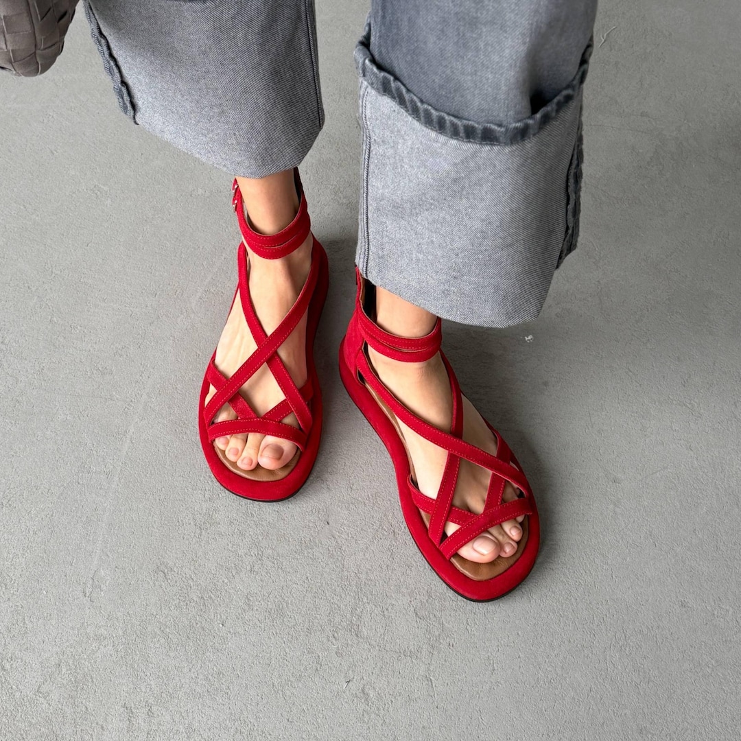 Red Suede Sandals for Women | Strappy Platform Sandals | Memory Foam ...
