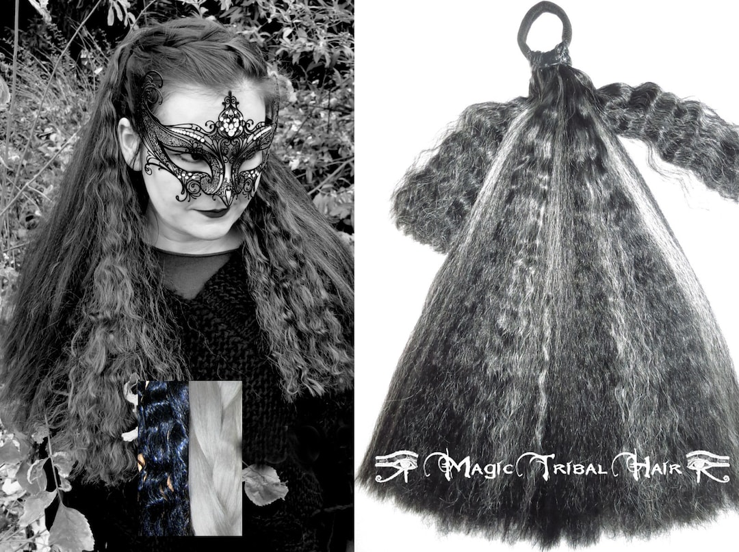 GOTH HAIR FALLS Black White Gothic Witch Hairpiece Wicca Ponytail ...