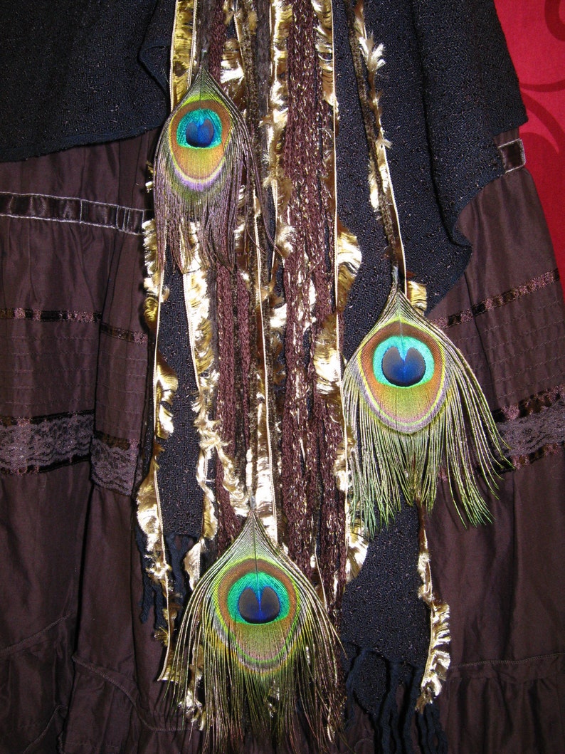 STEAMPUNK Peacock Feather YARN Hair FALL Piece Tribal Fusion Antique ...