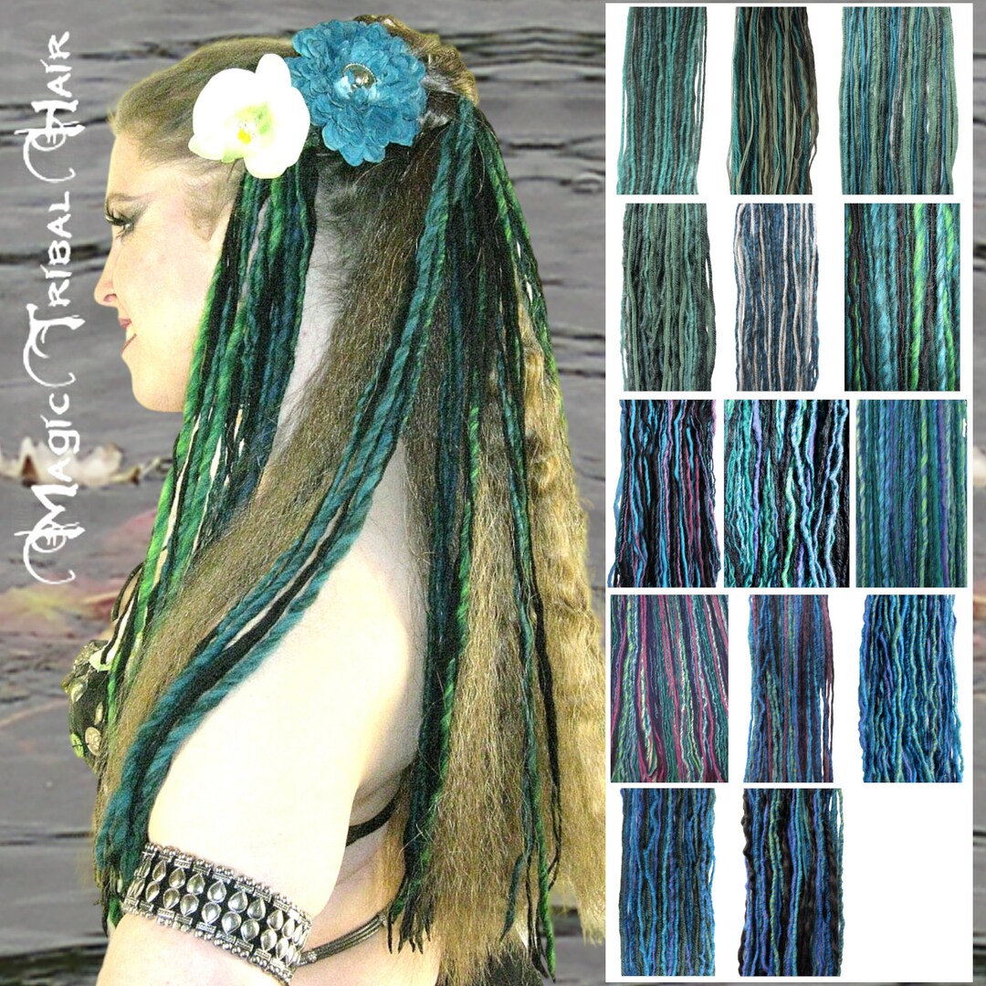 MERMAID DREADLOCKS Clip-in DREADS Teal Green Blue Purple Tribal Fusion ...