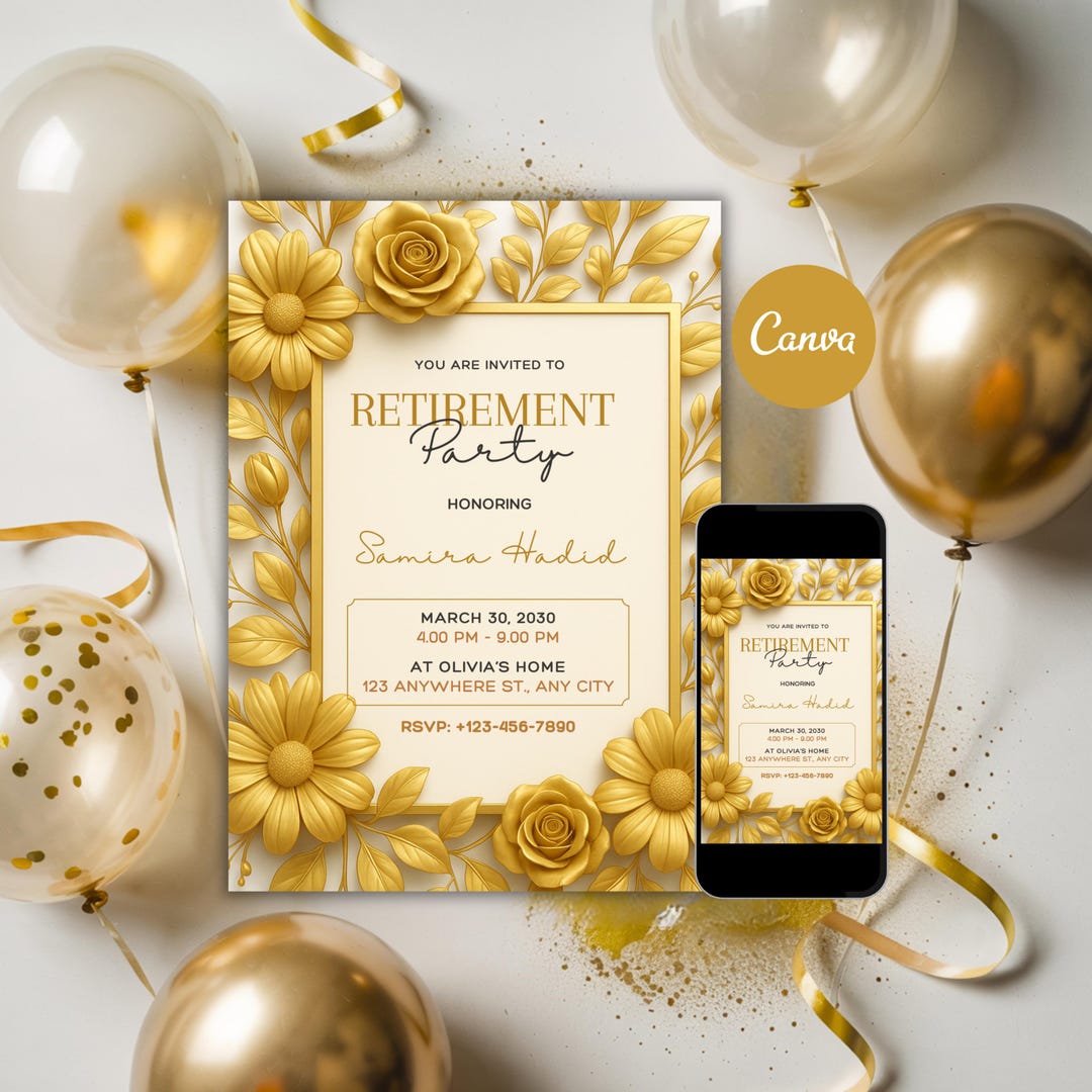 Gold Floral Retirement Party Invitation Template | Elegant Golden ...