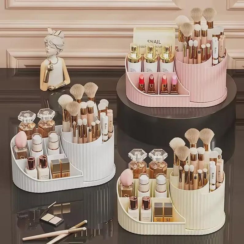 Rotating Makeup Organizer for Vanity With 5 Compartments & Brush Holder ...