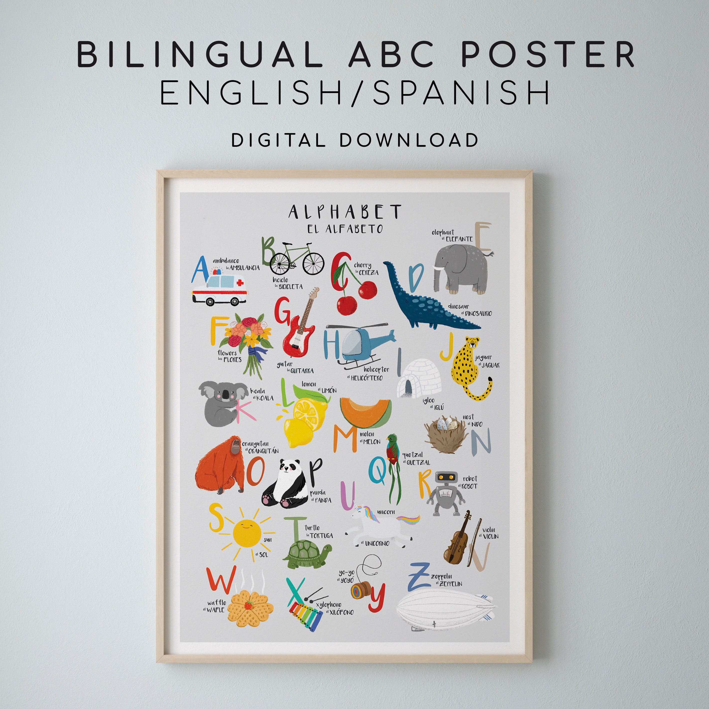 Bilingual Alphabet Print Download, Nursery Art, Kids, Montessori ...