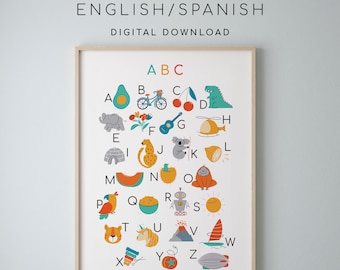 Bilingual Alphabet Print Download, Nursery Art, Kids, Montessori ...