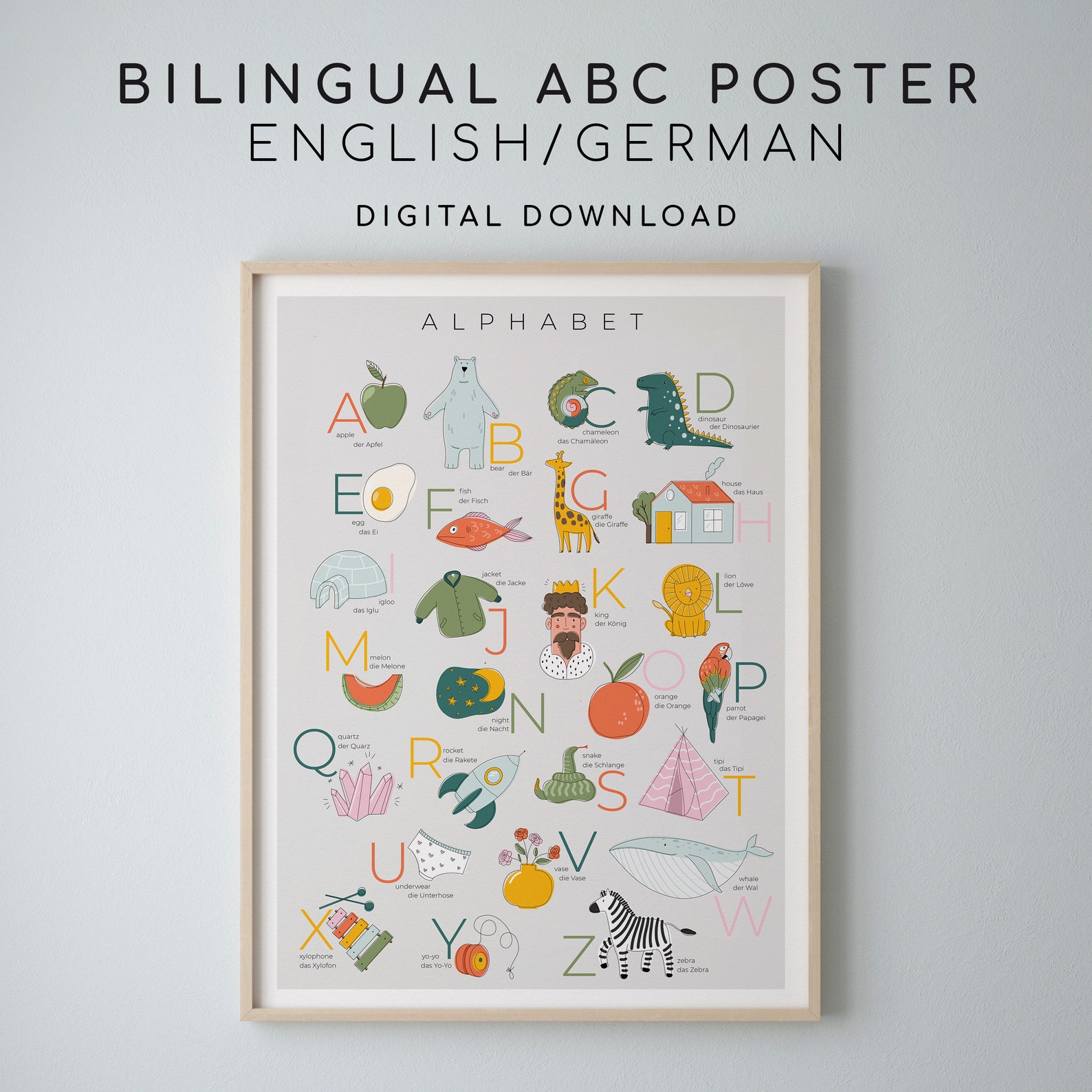 Bilingual Alphabet Print Download, Nursery Art, Kids, Montessori ...