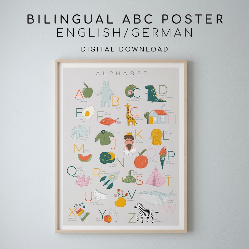 Bilingual Alphabet Print Download, Nursery Art, Kids, Montessori ...