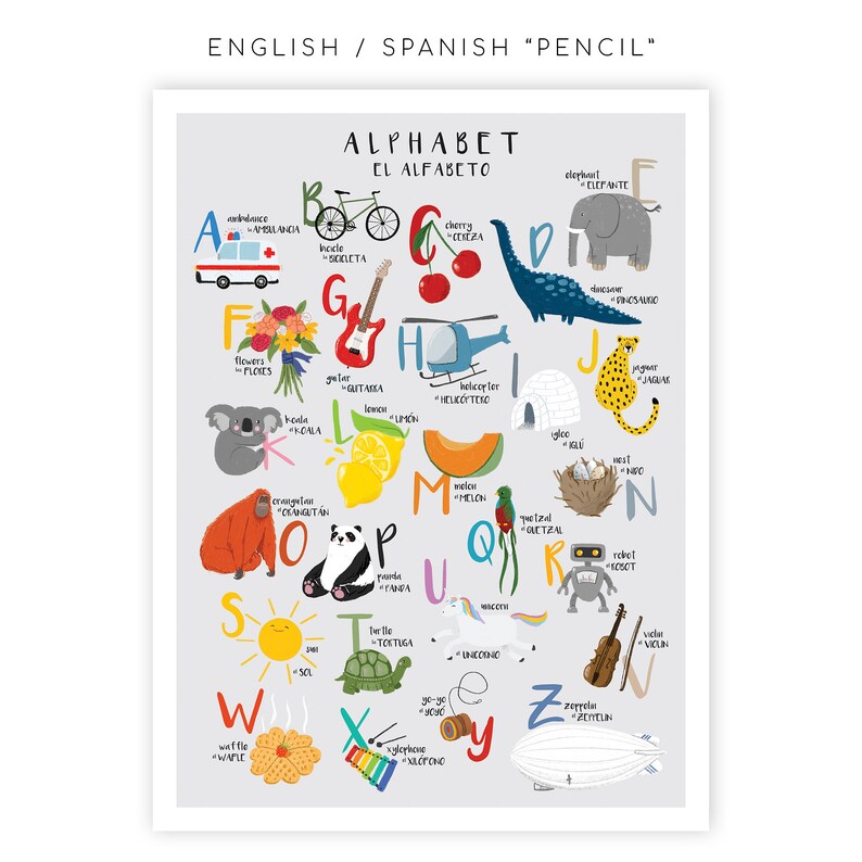 Bilingual Alphabet Print Download, Nursery Art, Kids, Montessori ...