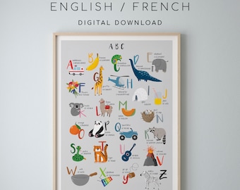 Bilingual Alphabet Print Download, Nursery Art, Kids, Montessori ...
