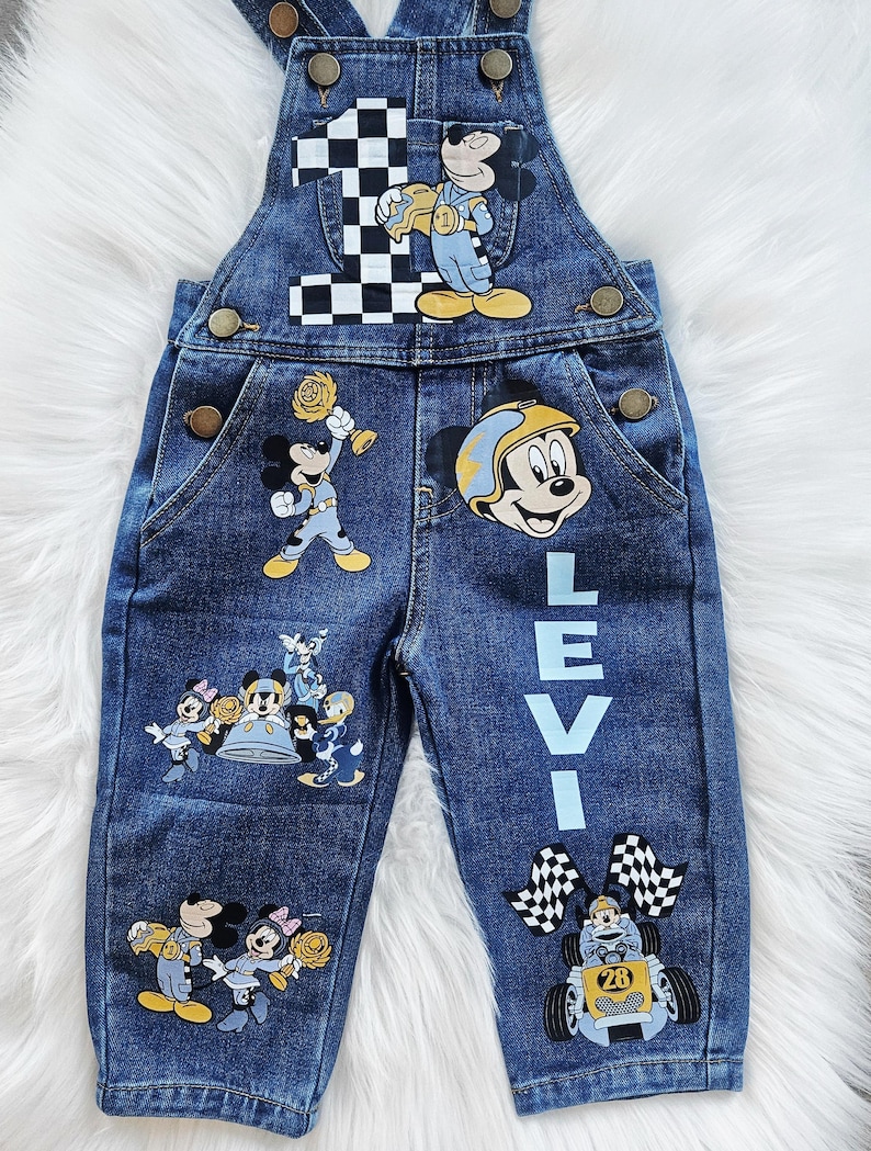 Mickey Roadster Overalls Blue Race Car Mickey Mouse Denim Outfit Ask ...