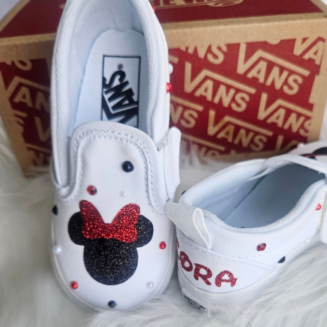 Custom Minnie Mouse Vans Red Black Sparkle Glitter Name Pearls and ...