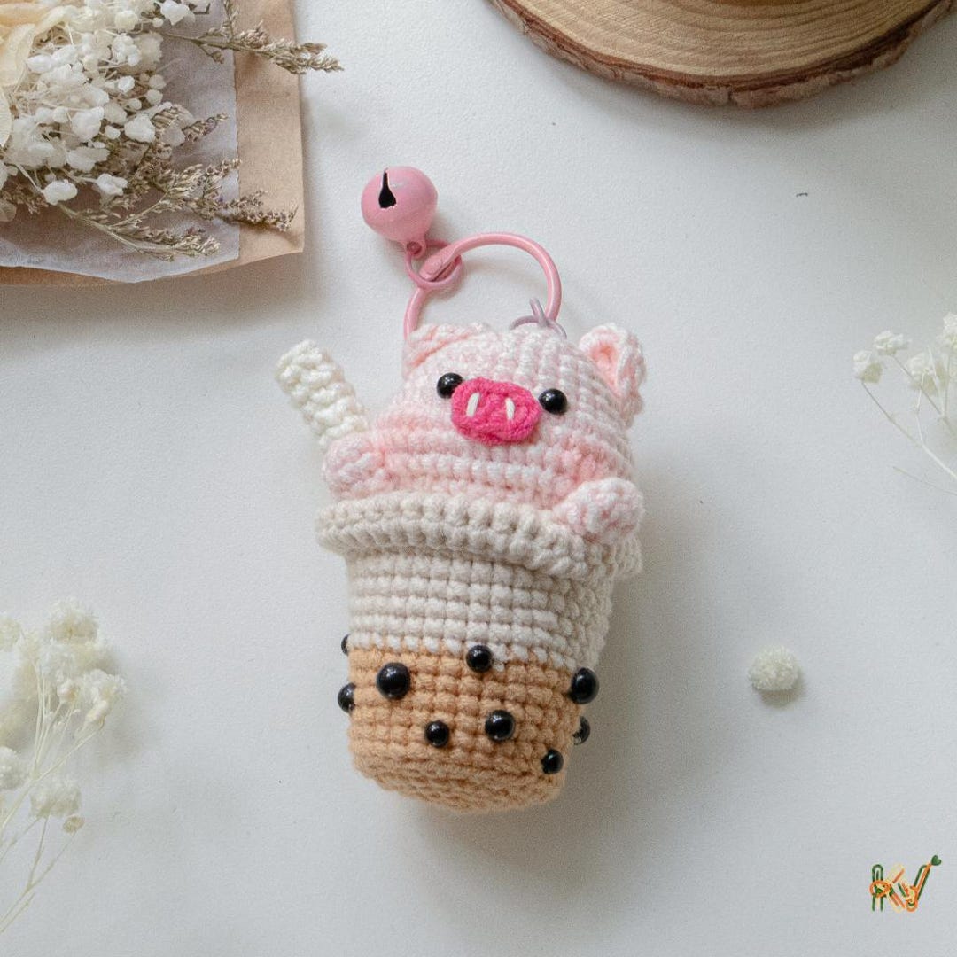 Handmade Crochet Pig Boba Keychain | Cute Amigurumi Bubble Tea Charm ...