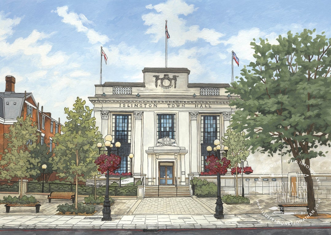 Islington Town Hall (with Flags Flying) - Art Print - Etsy