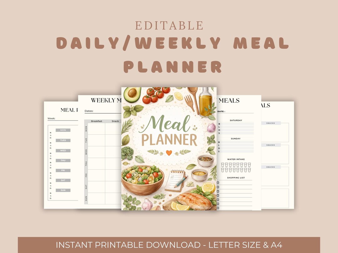 Editable Meal Planner Template | Weekly, Monthly Layouts (canva ...