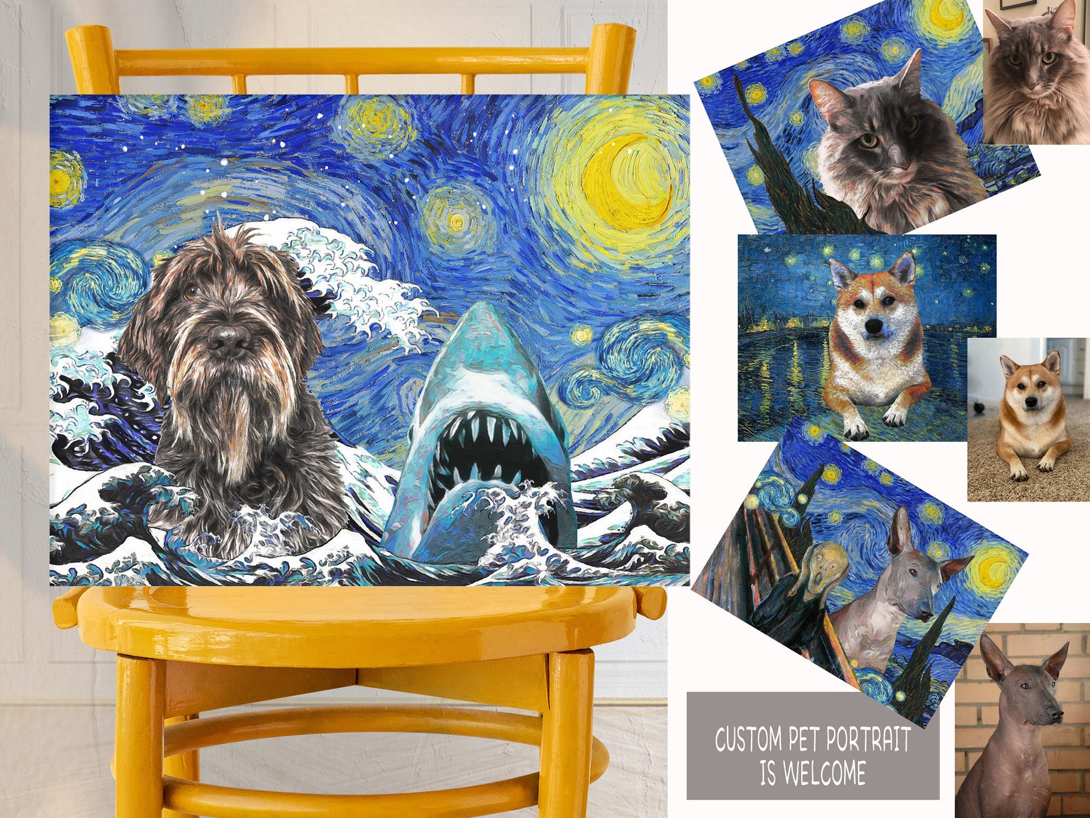 Wirehaired Pointing Griffon Art Starry Night Great Wave Jaws - Etsy
