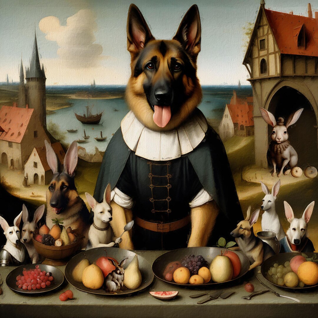 German Shepherd Rabbit Chef Art Print: Hieronymus Bosch Style Canvas - Etsy