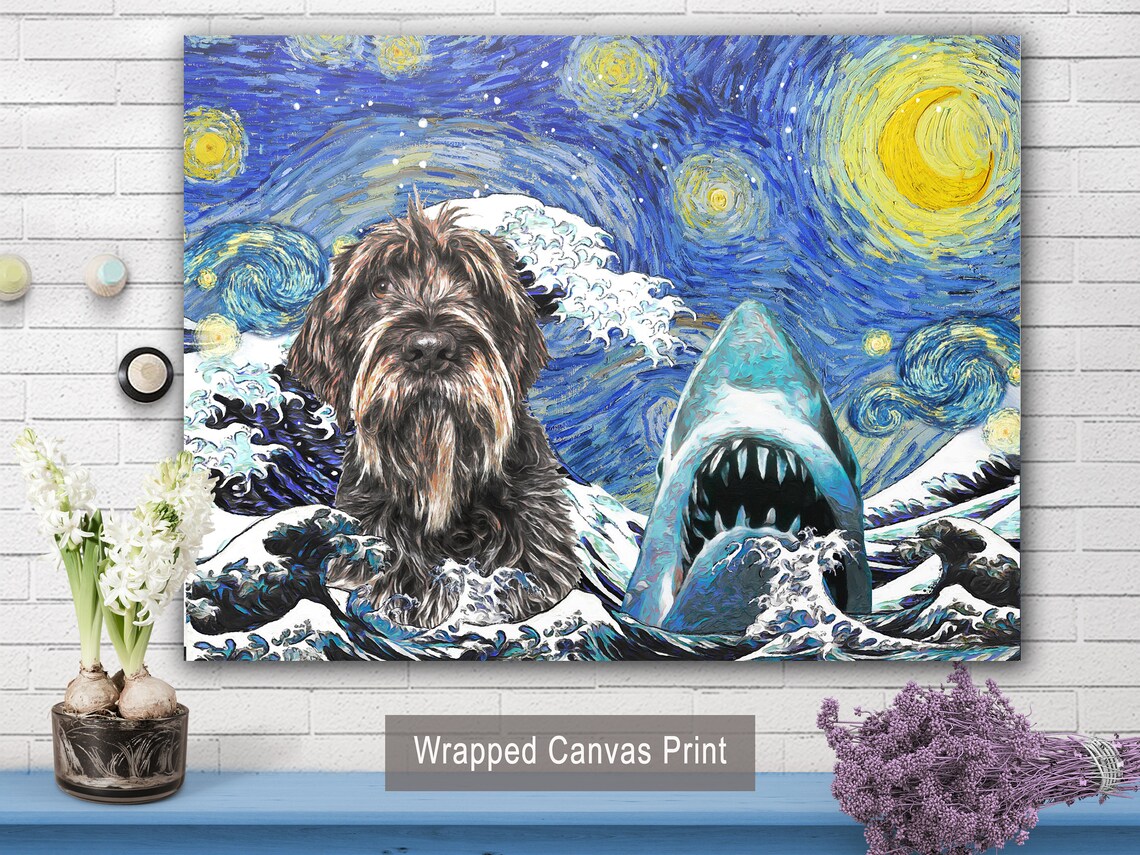 Wirehaired Pointing Griffon Art Starry Night Great Wave Jaws - Etsy