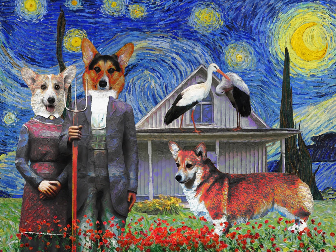Corgi Pembroke Welsh Corgi Starry Night American Gothic Van Gogh Art ...
