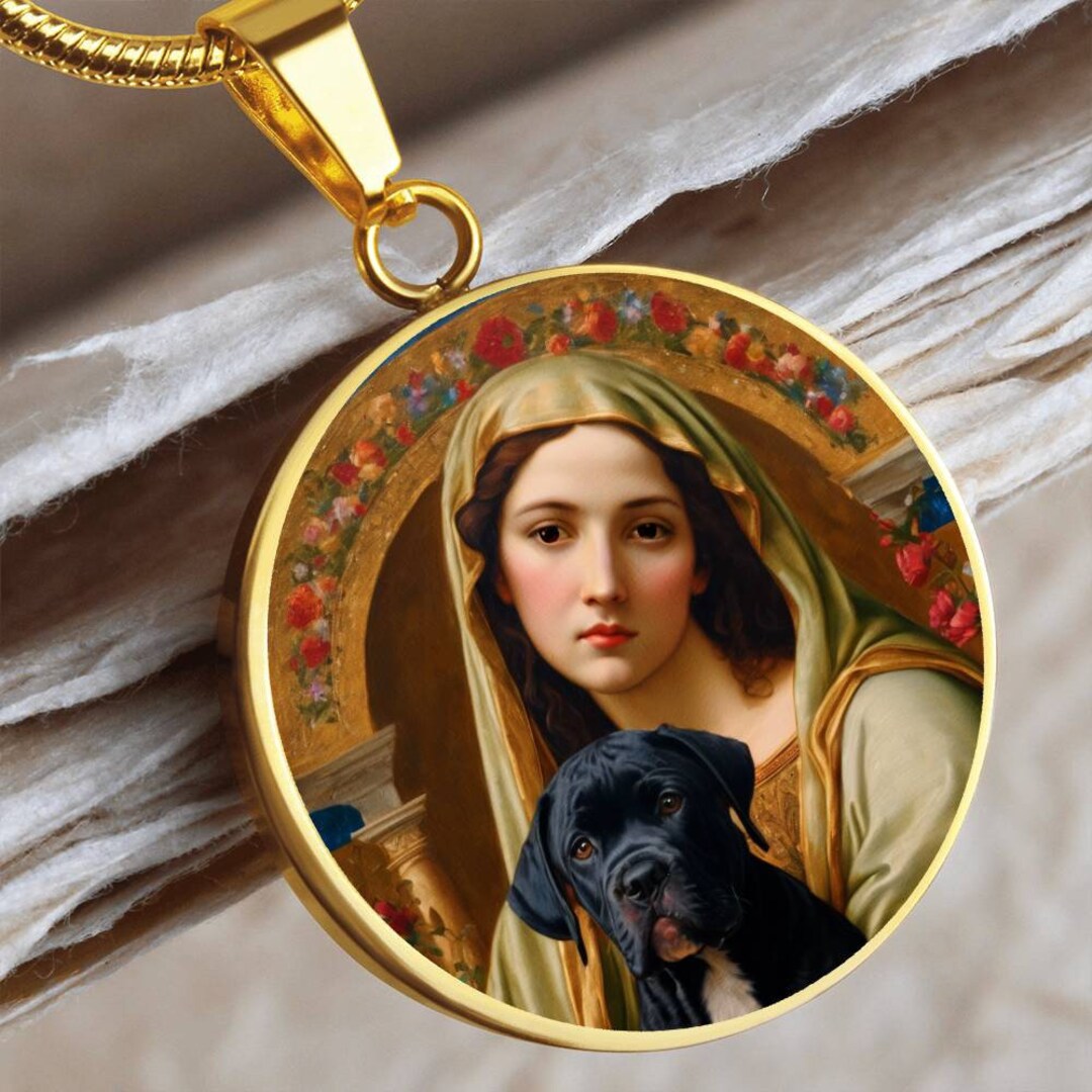 Virgin Mary and Cane Corso Puppy Dog Necklace, Renaissance Black Cane ...