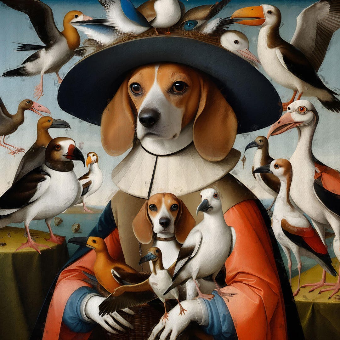 Beagle Surrealist Art, Beagle Bird-watcher Lowbrow Print, Hieronymus ...