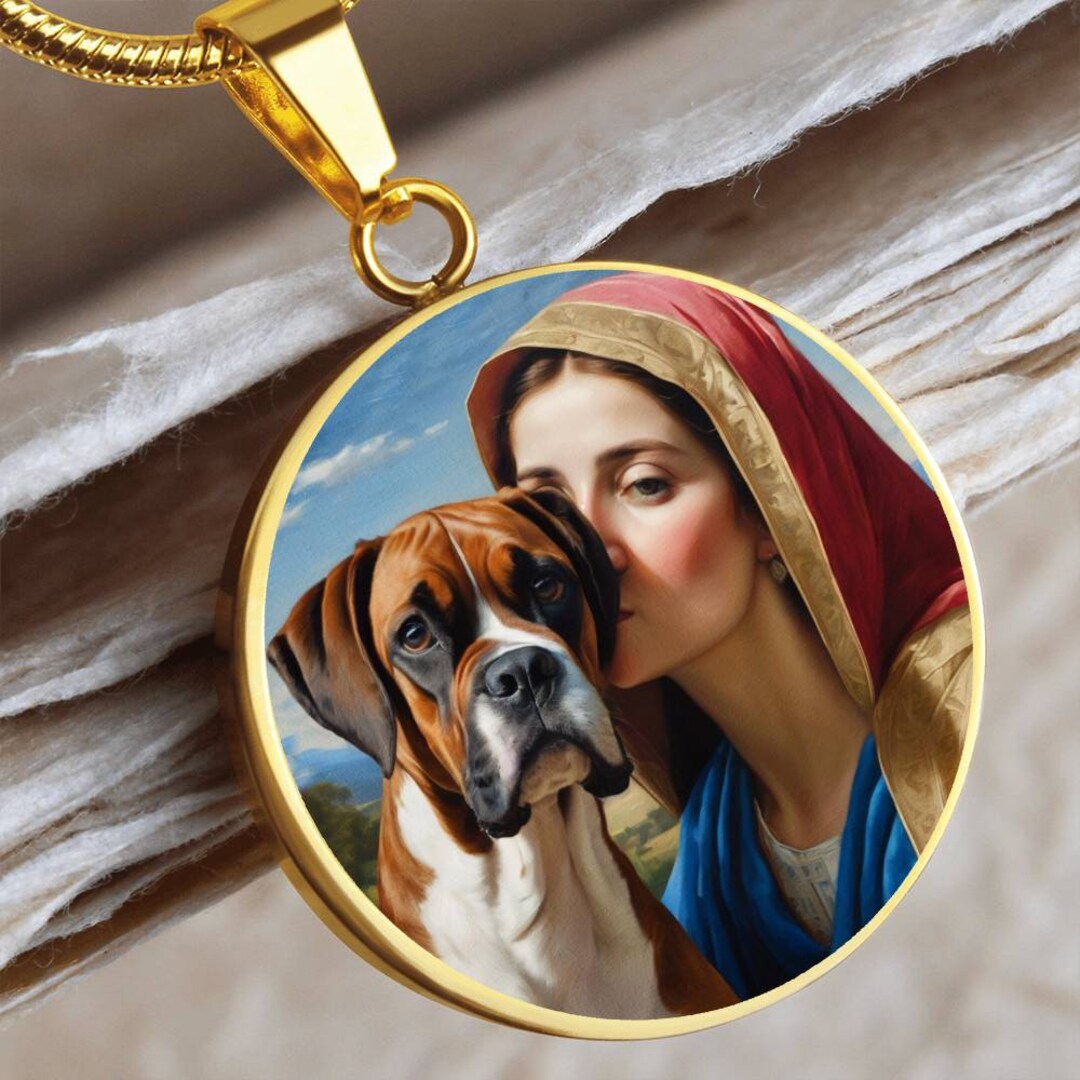 Boxer Dog and Virgin Mary Necklace, Renaissance Fawn Boxer Dog Pendant ...