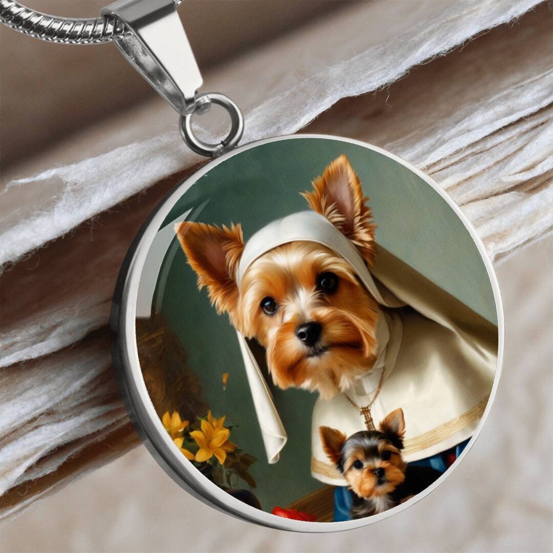Yorkshire Terrier Puppy and Virgin Mary Dog Necklace, Renaissance ...