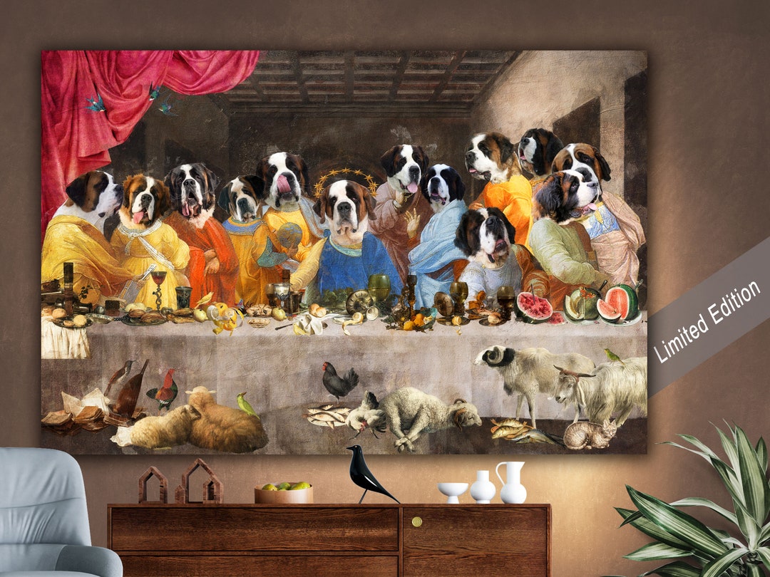 St Bernard Dog Artwork LIMITED EDITION Dog Last Supper Art, Canvas ...