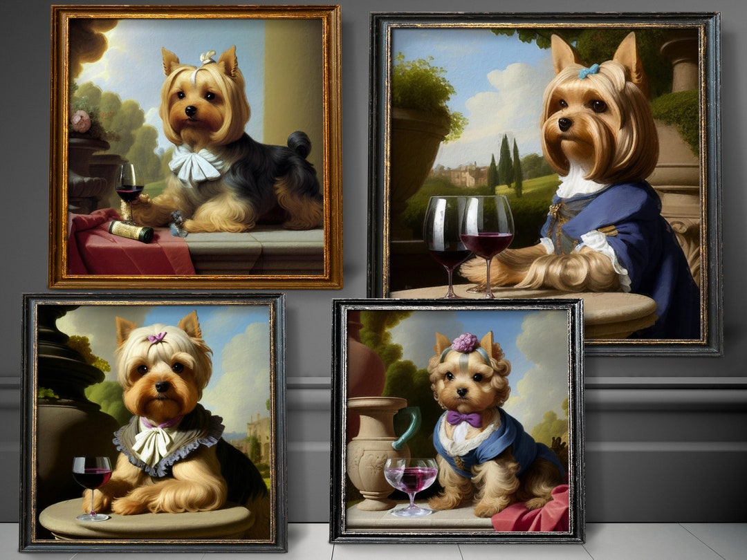 Yorkshire Terrier With Wine Gifts, Rococo Yorkie Artwork, Set of 4 ...