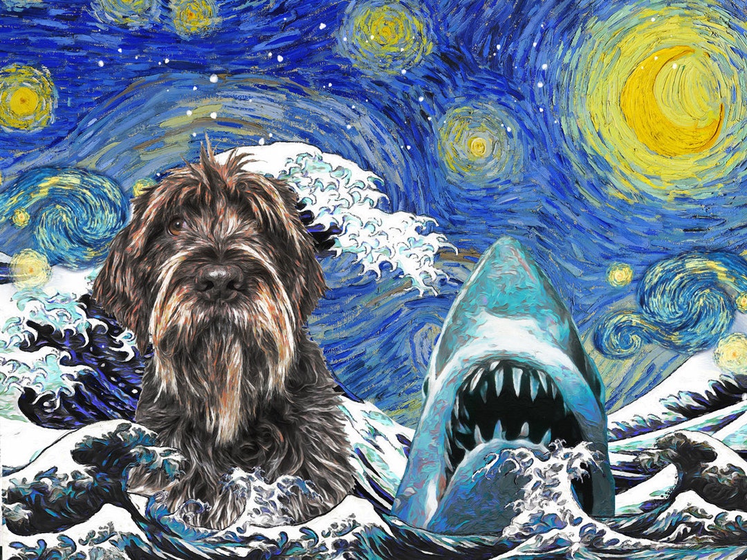 Wirehaired Pointing Griffon Art - Starry Night Great Wave Jaws - Van ...