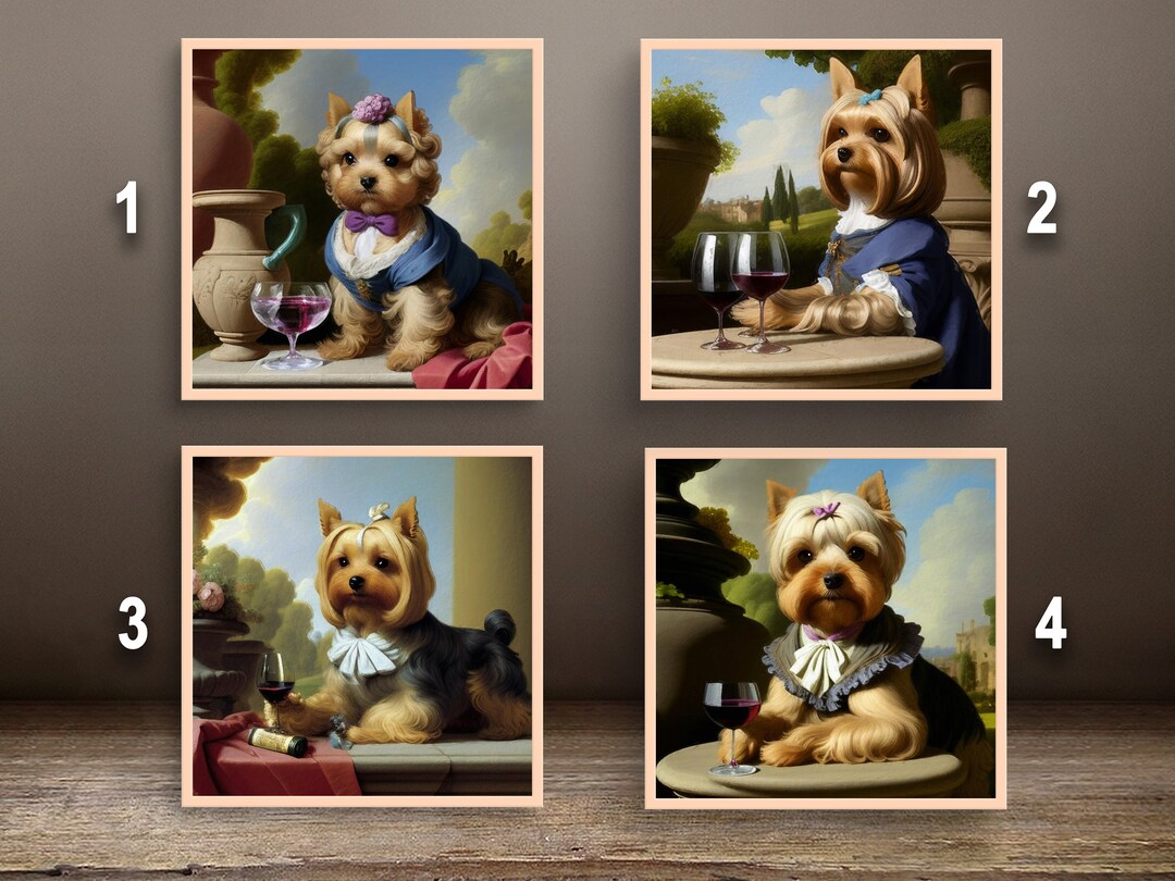 Yorkshire Terrier With Wine Gifts, Rococo Yorkie Artwork, Set of 4 ...