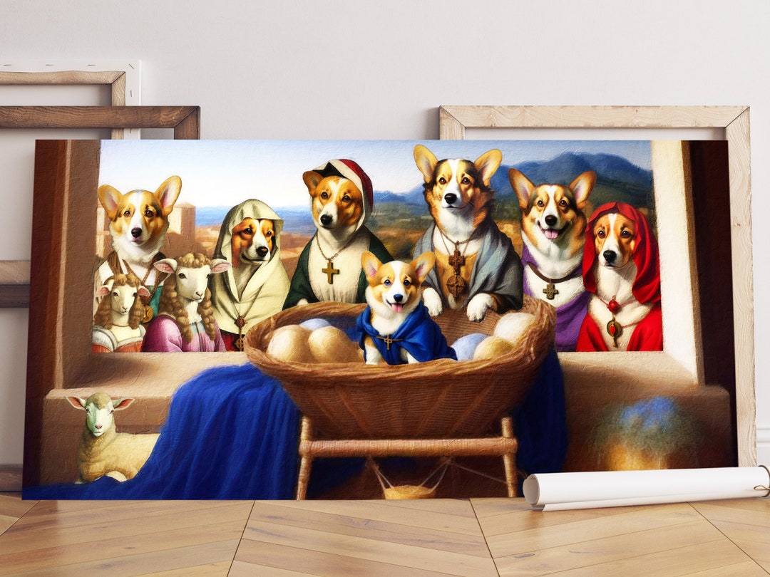 Pembroke Welsh Corgi Dog Nativity, Dog Art Holy Family, Religious Corgi ...