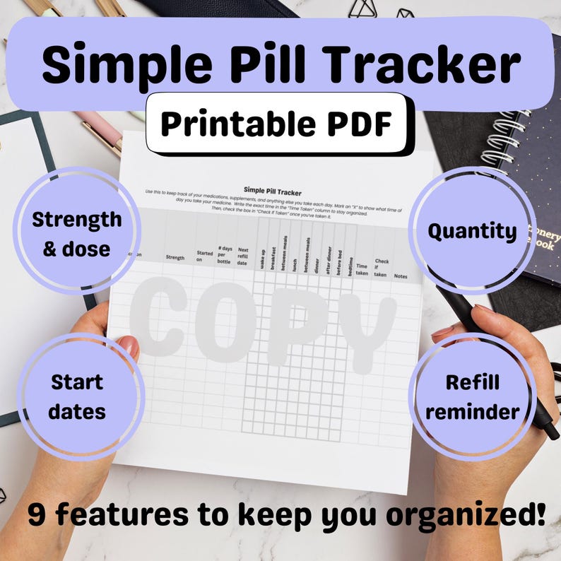 Simple Pill Tracker Printable PDF, Daily Medication Log, Supplements ...