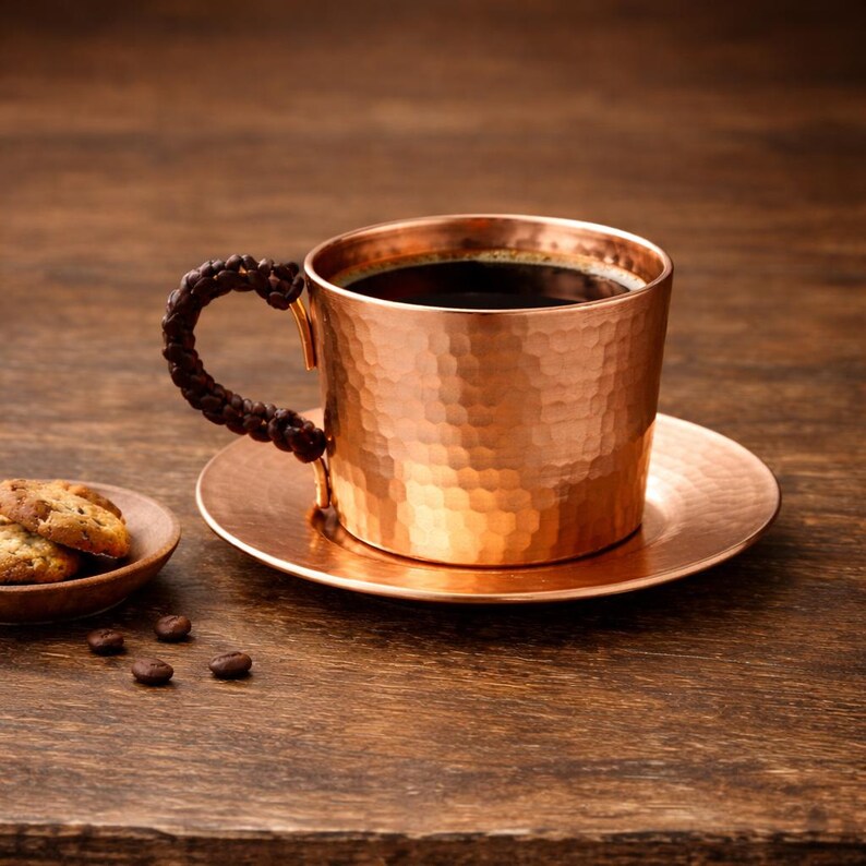Hammered Copper Coffee Cup With Saucer – Rustic Braided Handle Mug - Etsy