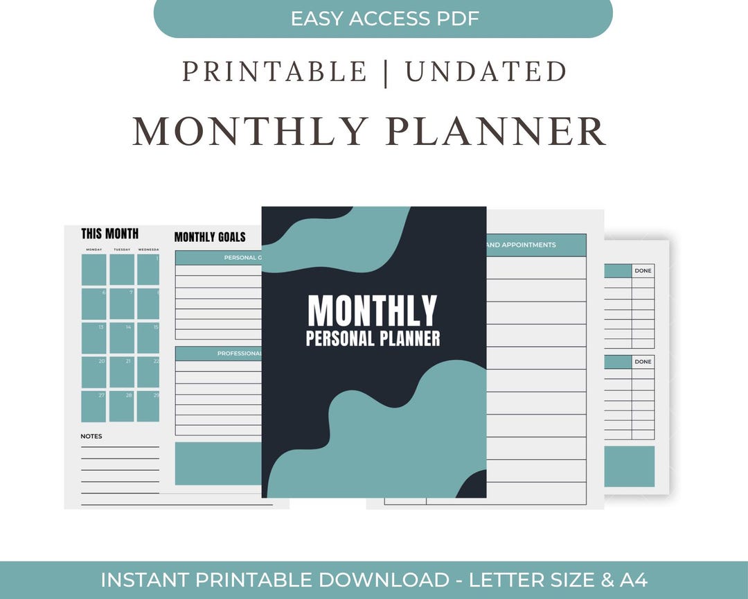 Monthly Planner Printable | Undated Calendar, Goals, Tasks, Schedule ...