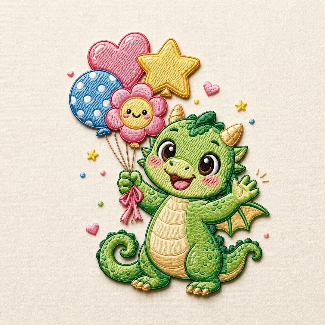 Cute Baby Dragon Embroidery Design, Kawaii Dragon With Balloons ...