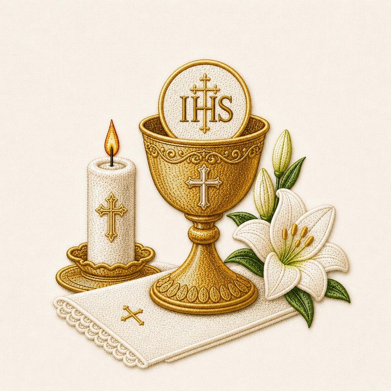 First Communion Embroidery Design, Holy Eucharist Chalice With Lily ...