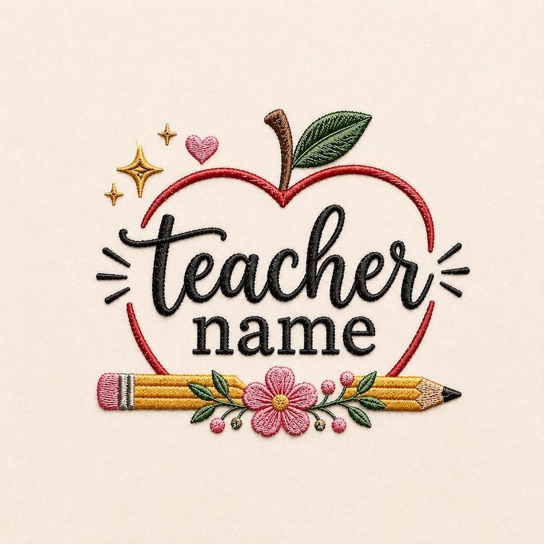 Teacher Name Embroidery Design, Back to School Machine Embroidery File ...