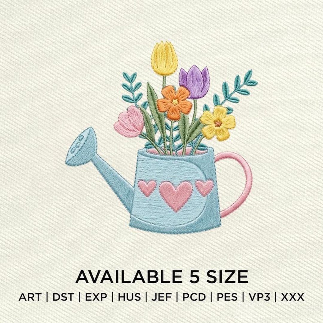 Floral Watering Can Embroidery Design, Cute Spring Garden Flowers ...