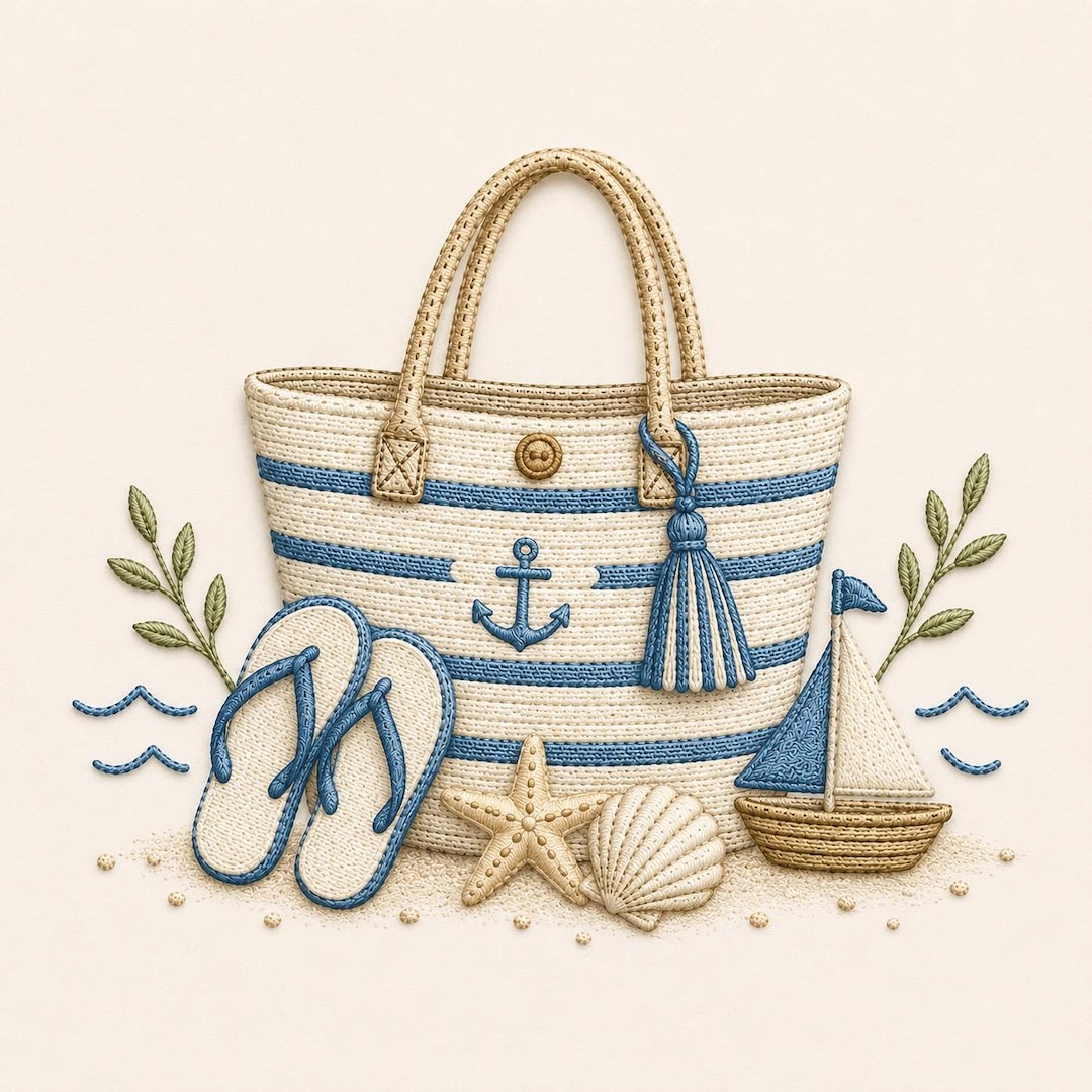 Coastal Beach Tote Bag Embroidery Design, Nautical Summer Tote ...