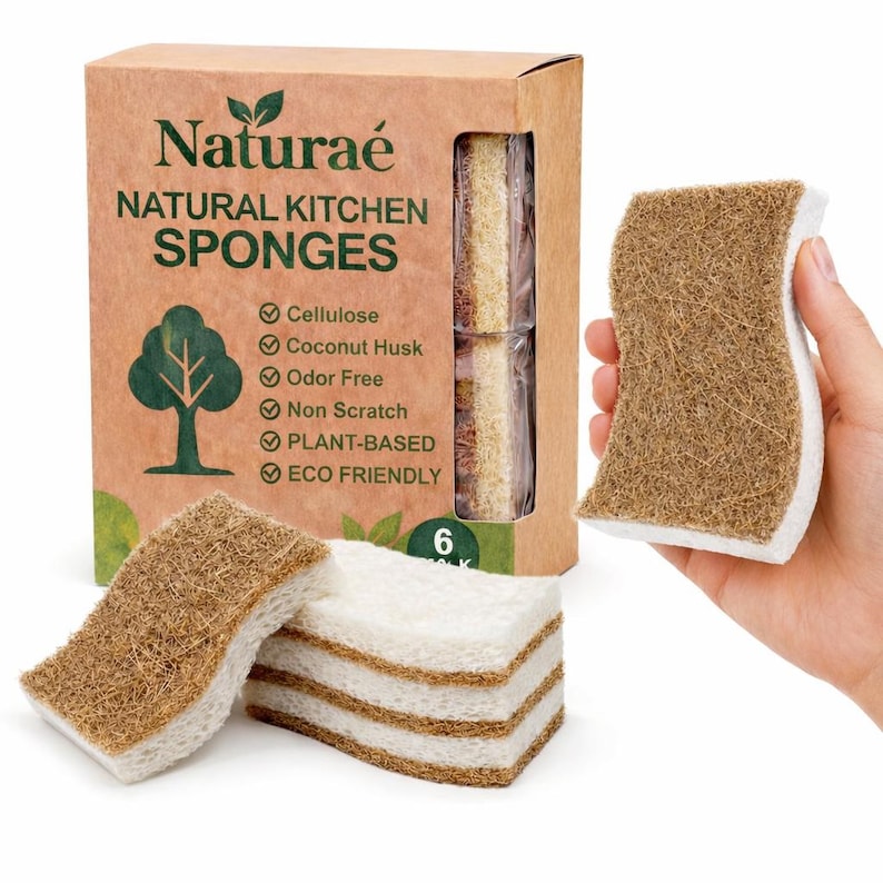 10 Pack Natural Kitchen Sponges, Cellulose Coconut Scrubber, Non ...