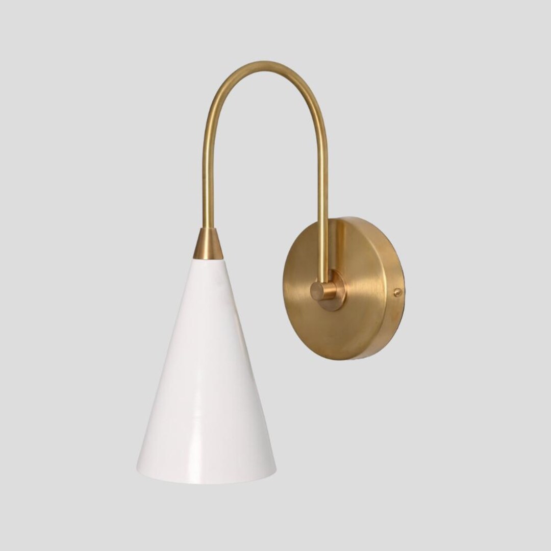 Long Arm Brass Sconce White Cone Wall Light Fixture Mid Century Modern ...