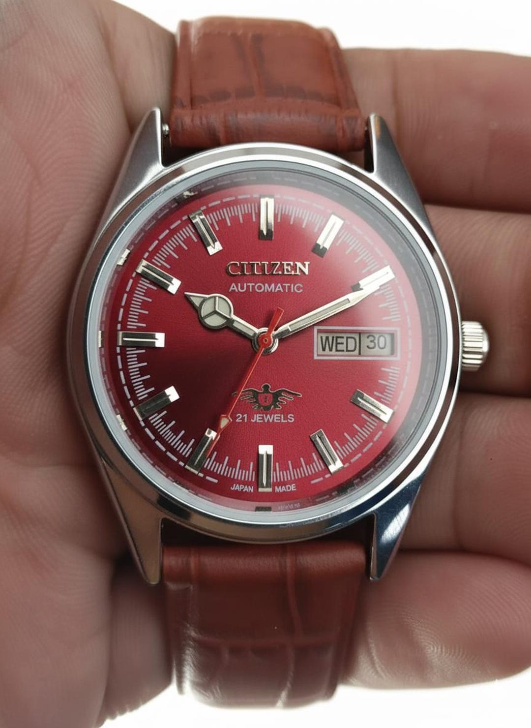 Citizen 8200A Automatic Men's Watch: Red Dial, Day Date, Faux Leather ...