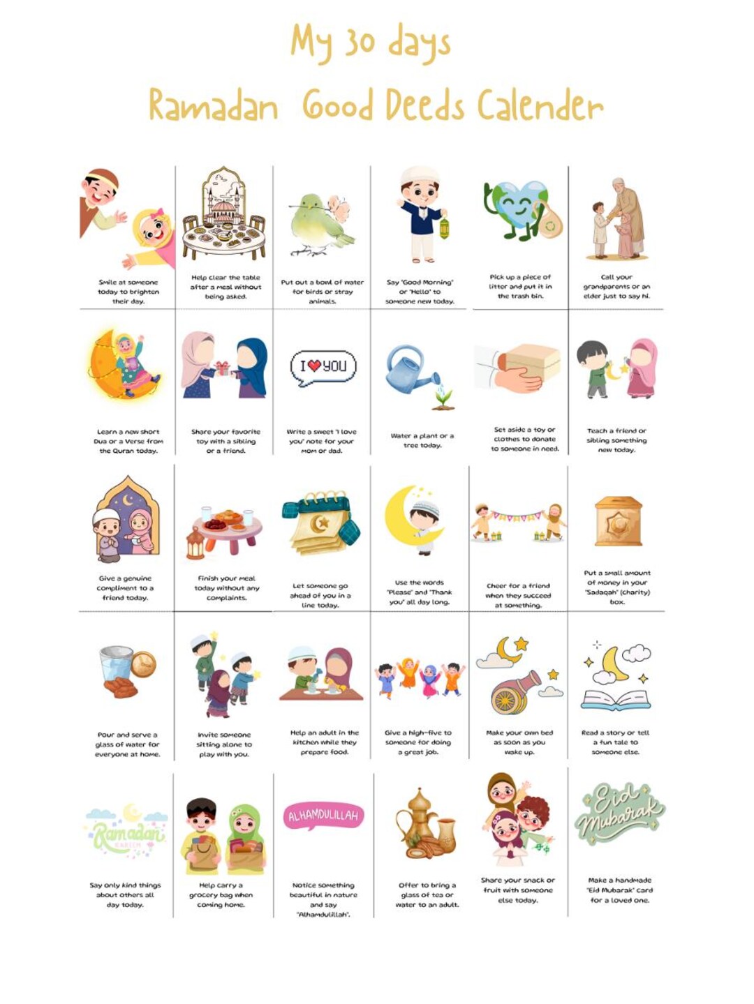 Ramadan Good Deeds Cards for Kids, 30 Day Activity Challenge, Islamic ...