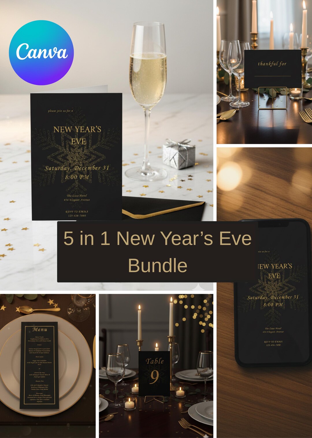 2025 New Years Eve Party Bundle, DIY Black and Gold NYE Invitation ...