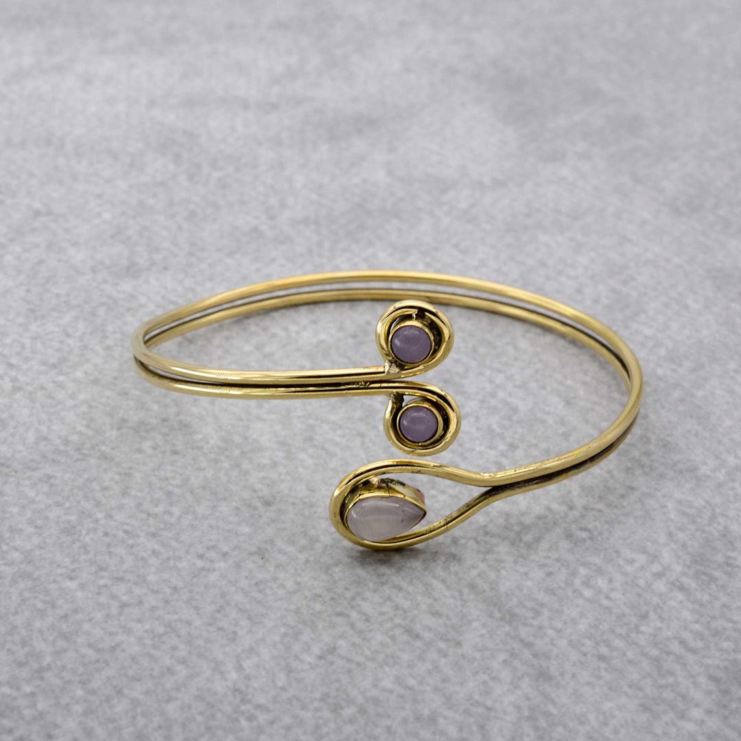 Three Stone Brass Arm Cuff for Women , Moonstone , Amethyst Gemstone ...