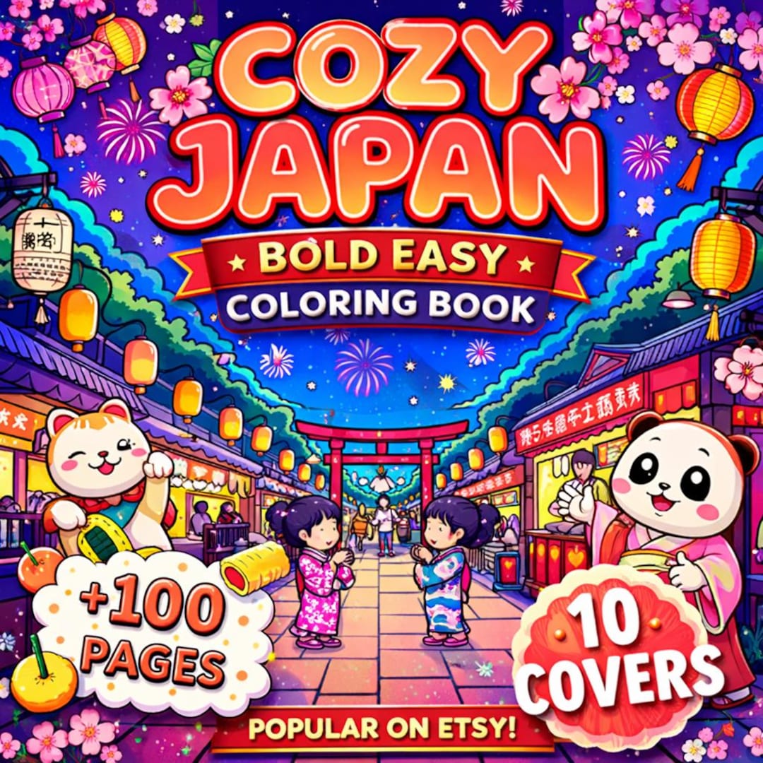 Cozy Japan Coloring Book | Bold Kawaii Designs, Stress Relief (digital ...